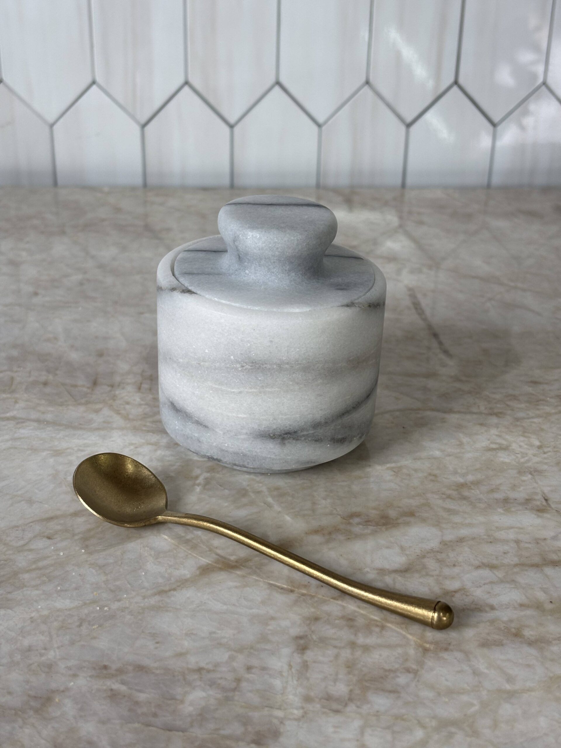 White Marble Salt Cellar with Lid - Birdy & Pretzels